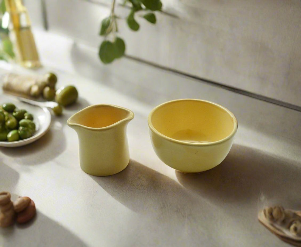 Antique Yellow Pottery Mini Handleless Milk Jug and Sugar Bowl For One ...