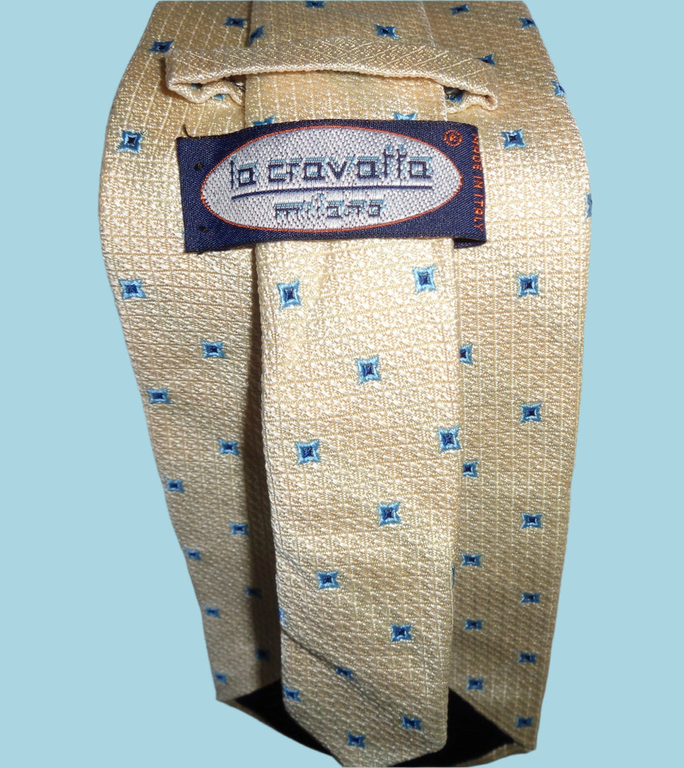 Vintage La Cravatta Silk Tie Yellow With Blue Square Motifs – Mullard ...