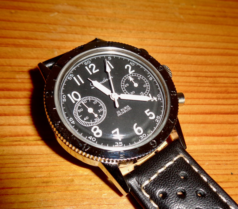 Landeron Type 20 Chronograph Watch In Black Leather and Stainless Stee ...