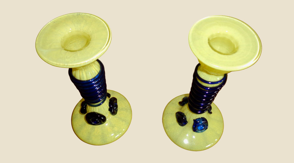 Pair Of Yellow Art Glass Candlesticks With Blue Spiral Glass And Flowe ...