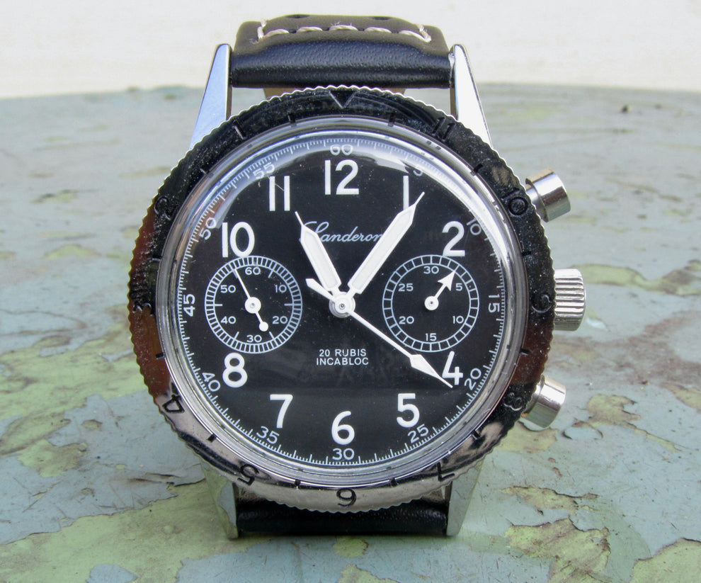 Landeron Type 20 Chronograph Watch In Black Leather and Stainless Stee ...