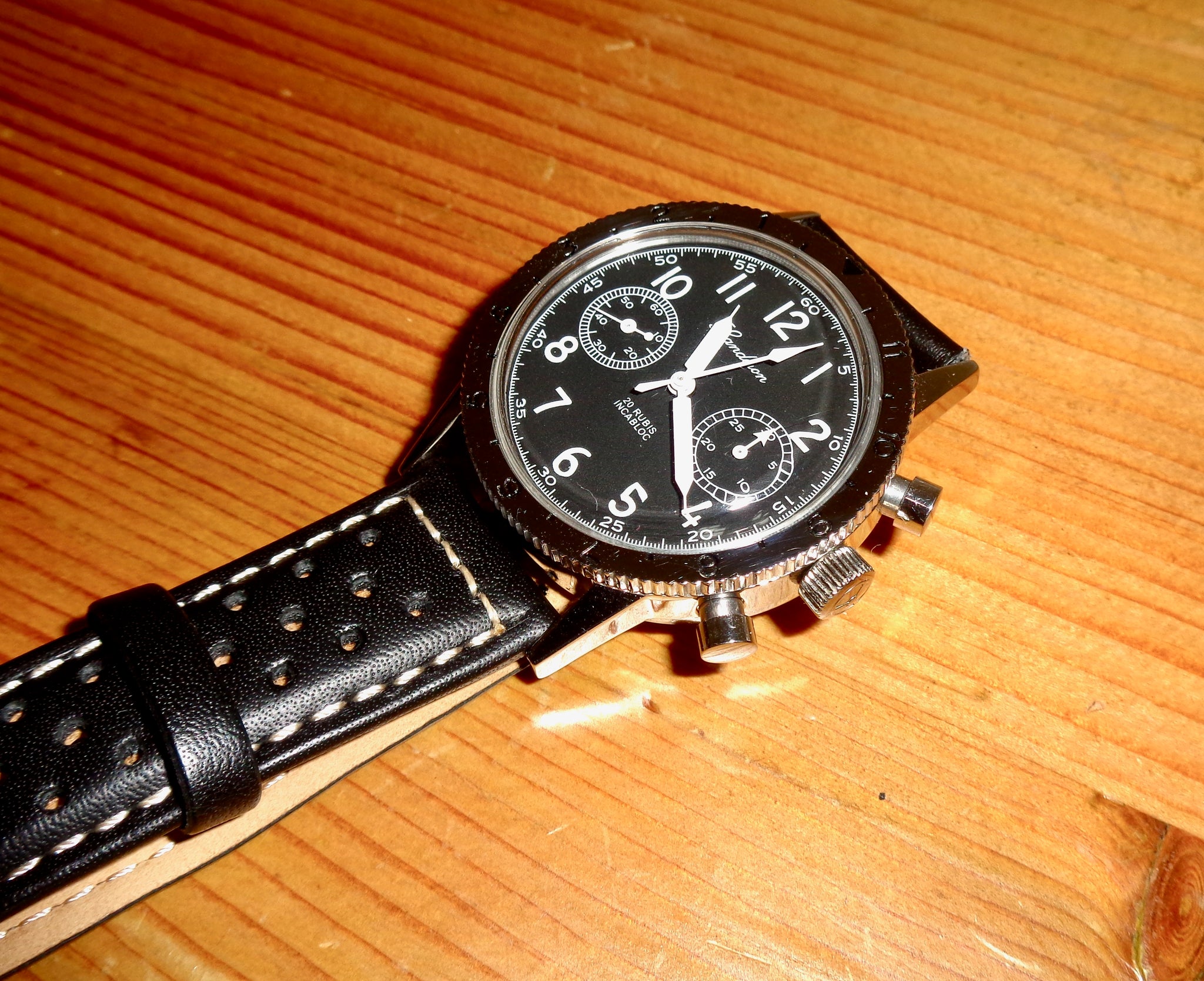 Landeron Type 20 Chronograph Watch In Black Leather and Stainless Stee ...