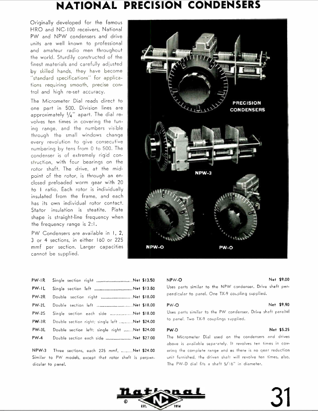 National Precision Condenser PW-4, HRO, 4-section Tuning Gang, Gearbox ...
